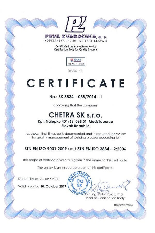 CHETRA SK | Certificates and autorisations of CHETRA SK s.r.o.